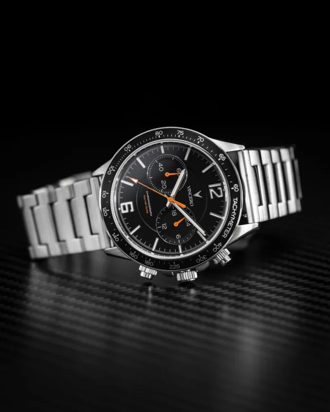 Men's silver watch Vincero with steel strap The Apex Black Ember 42MM