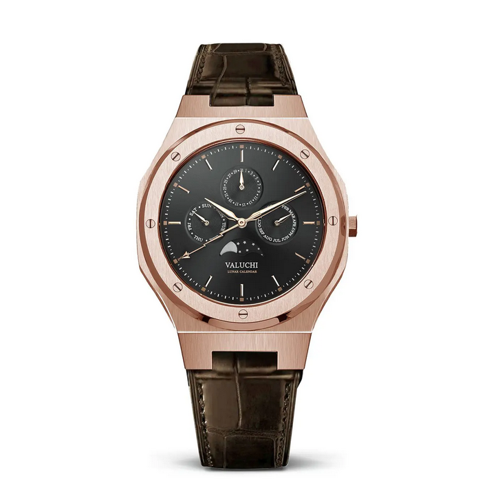 Men's gold Valuchi watch with leather strap Lunar Calendar - Rose Gold ...