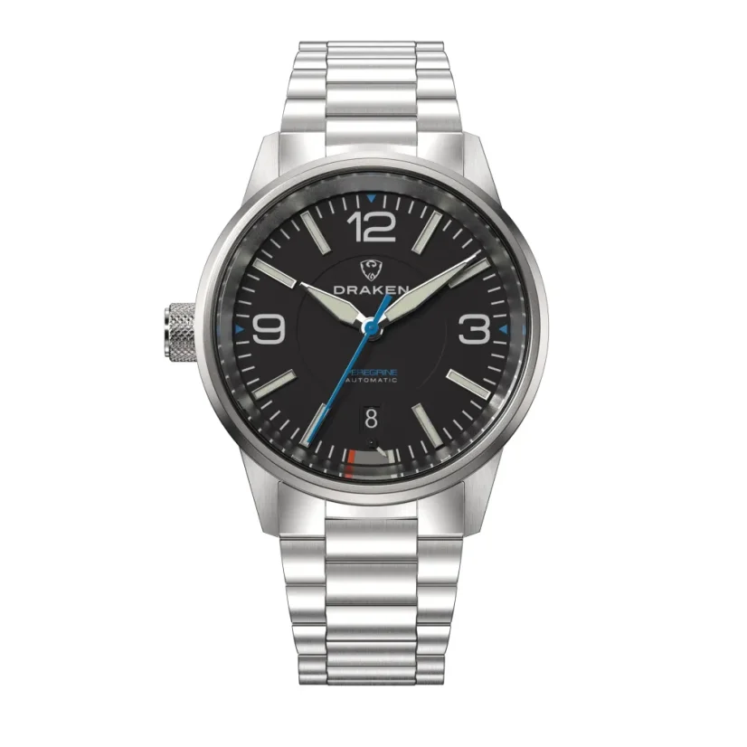 Men's silver Draken watch with steel strap Peregrine ‘Version A’ Black ...