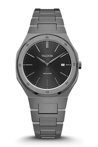 Men's black Valuchi watch with steel strap Date Master - Gunmetal Black ...