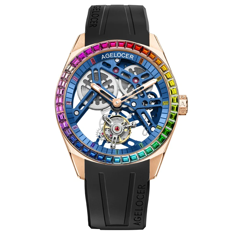 Men's gold Agelocer Watch with rubber strap Tourbillon Rainbow Series ...